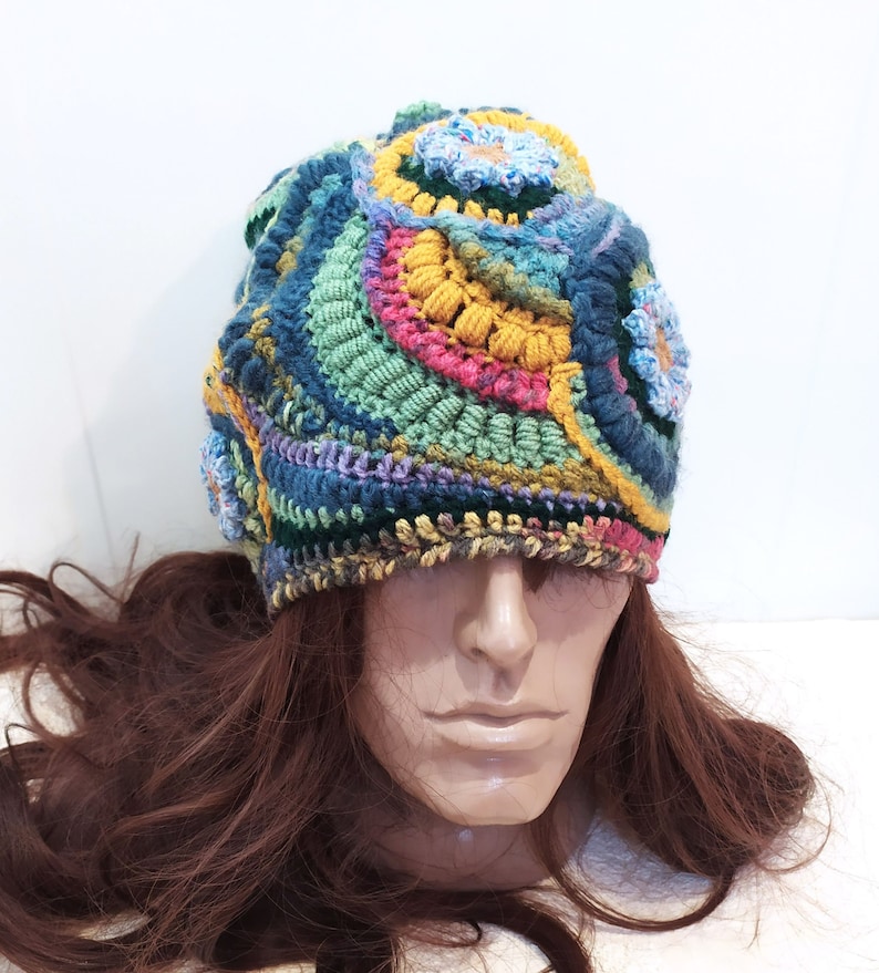 Boho Flower Beanie. Crochet Multicolor Women Beanie, Winter Knit Hat ...