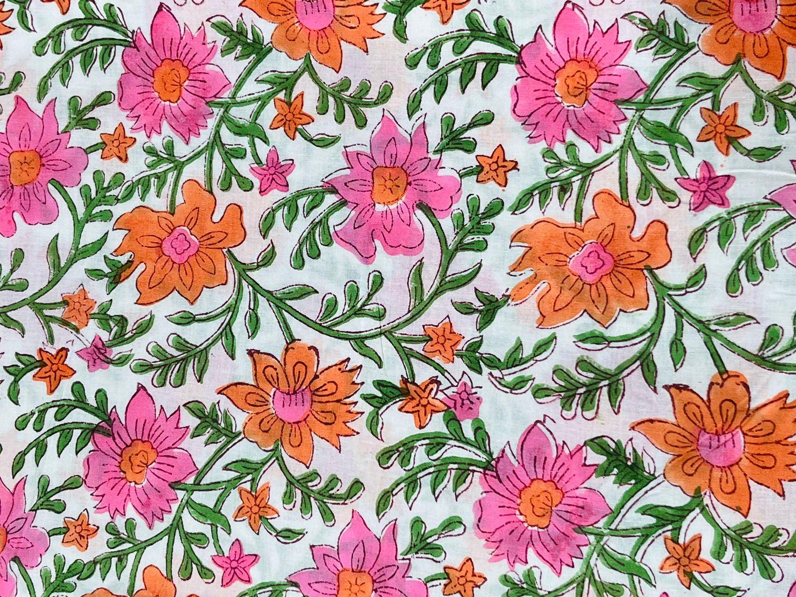 Teal Pink Floral Cotton Fabric, Indian Block Print Voile, Sewing ...
