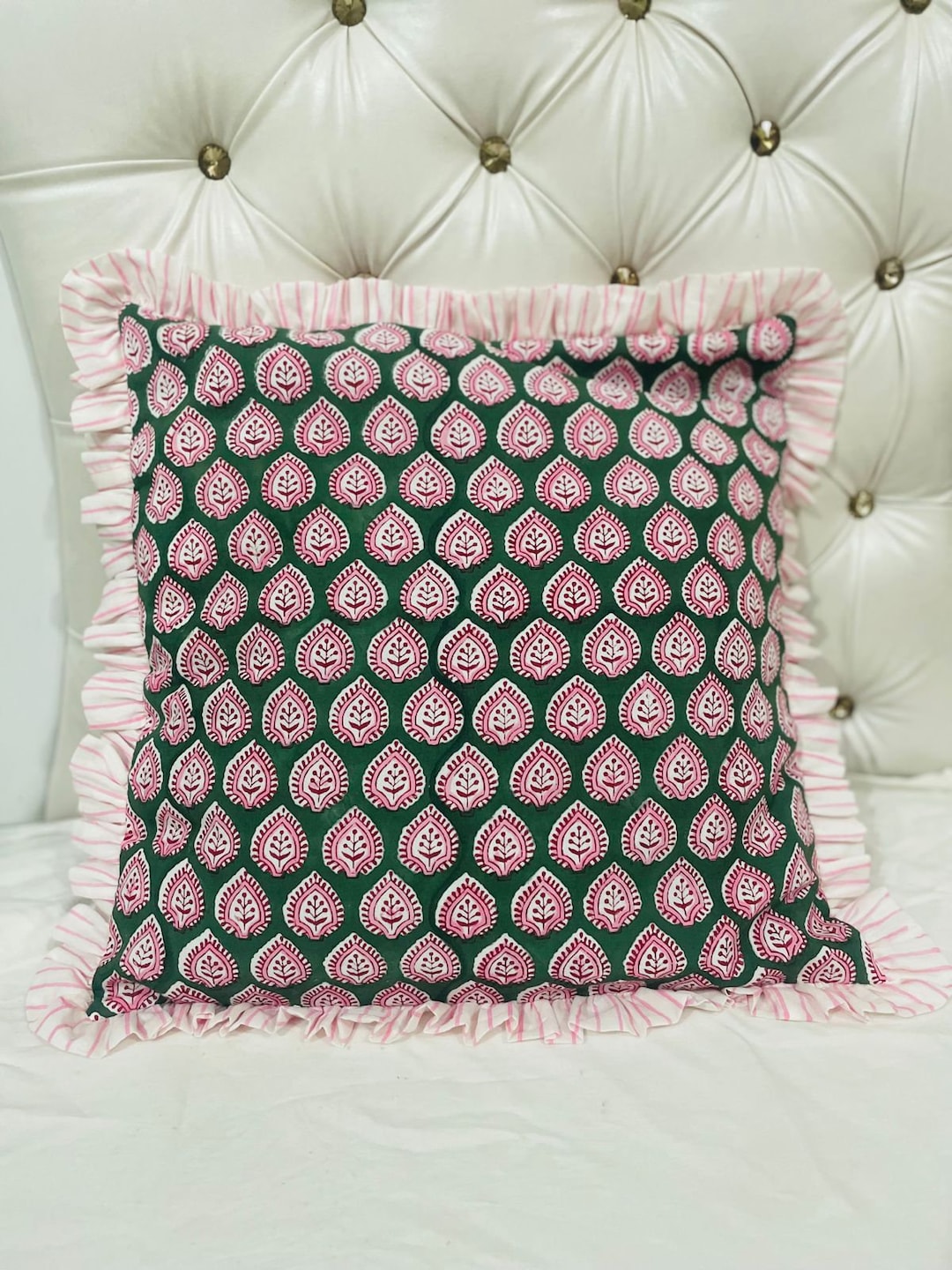 Indian Handmade Block Print Pink Strip With Green Raffle Cushion Boho ...