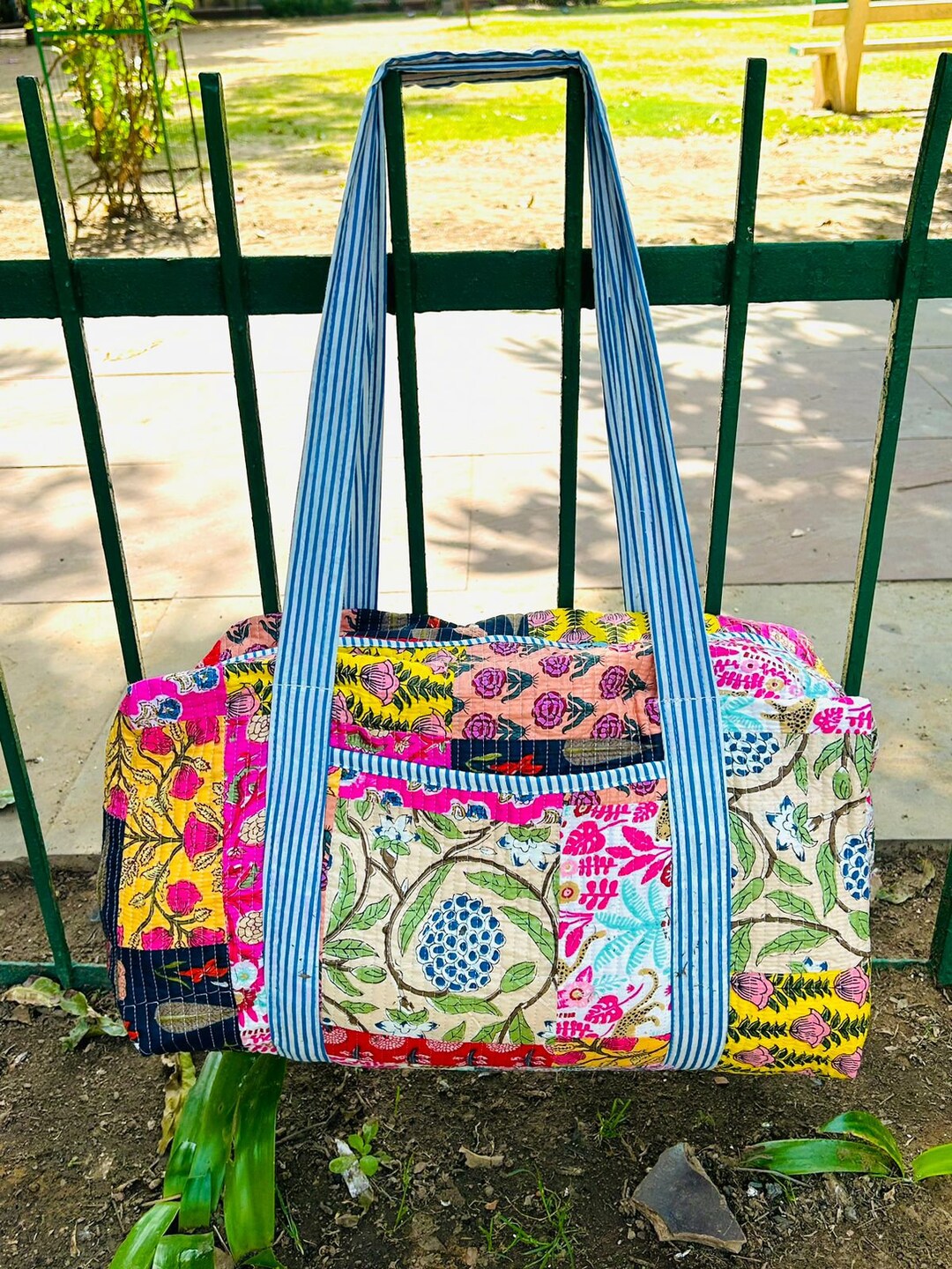 Large Cotton Multi Patch Duffel Bag Block Print Quilted Weekender Bags ...