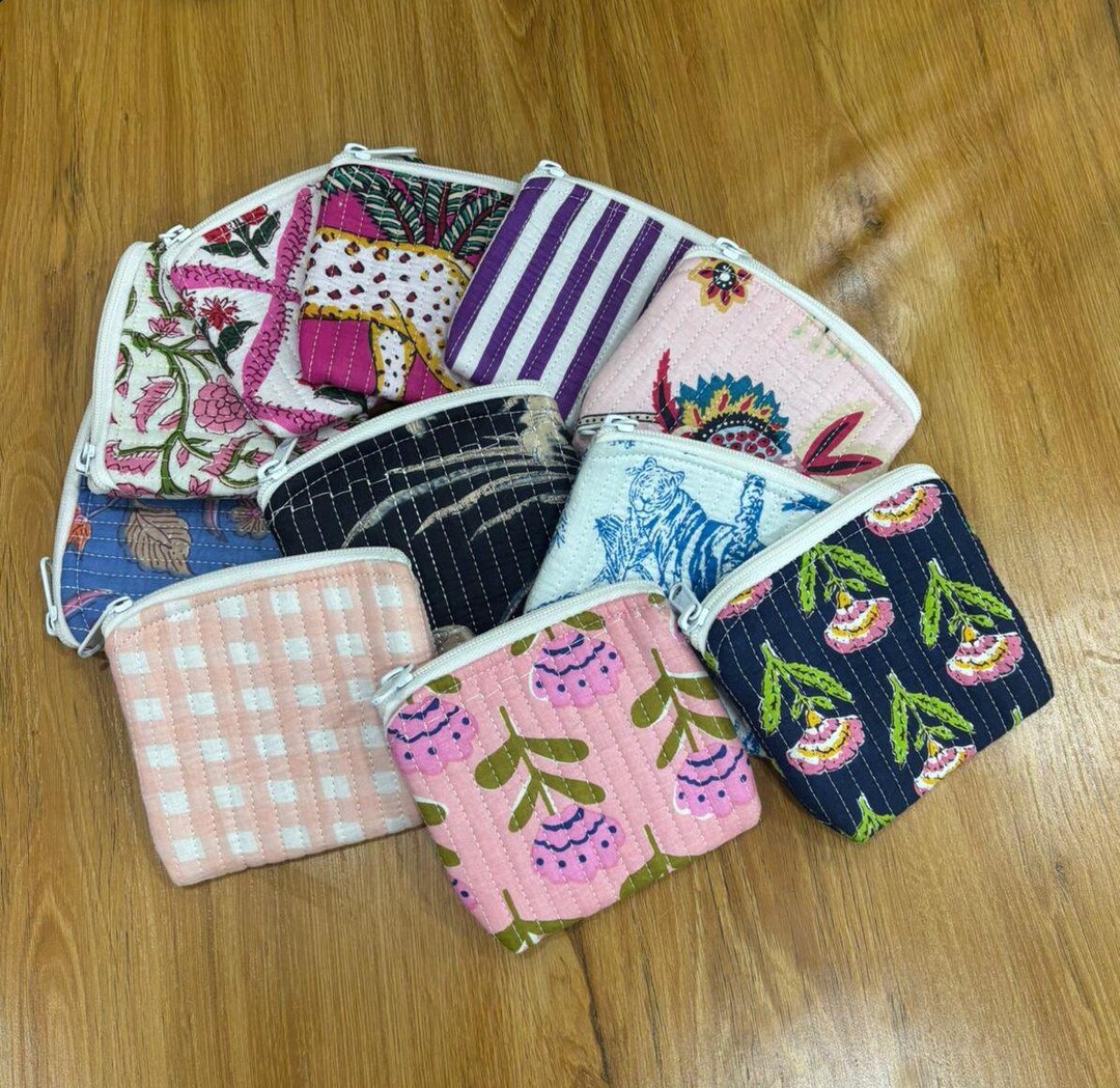 Hand Block Printed Quilted Mini Coin Pouch - Cotton Keychain Wallet ...