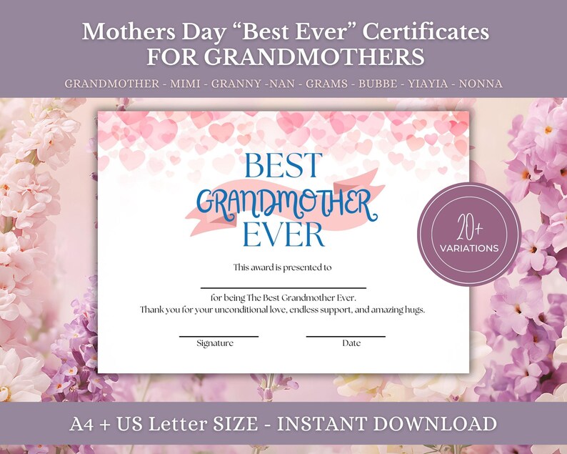 Best Ever Grandmother Certificate Printable | Mother's Day Gift ...