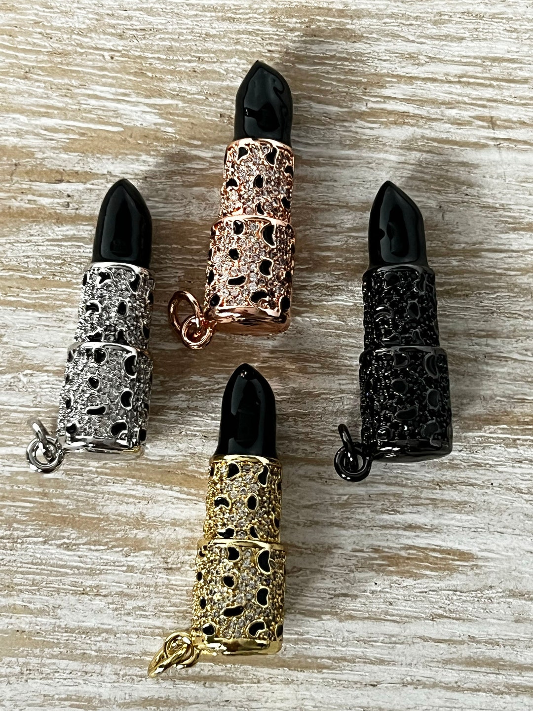 1 Lipstick Charm, CZ Pave Leopard Black Lipstick Charm, Make-up Charm ...