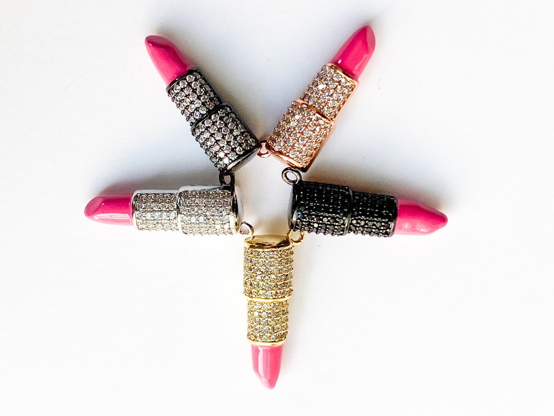 1 CZ Pave Pink Lipstick Charm, Lipstick Charm, Make-up Charm, Bracelet ...
