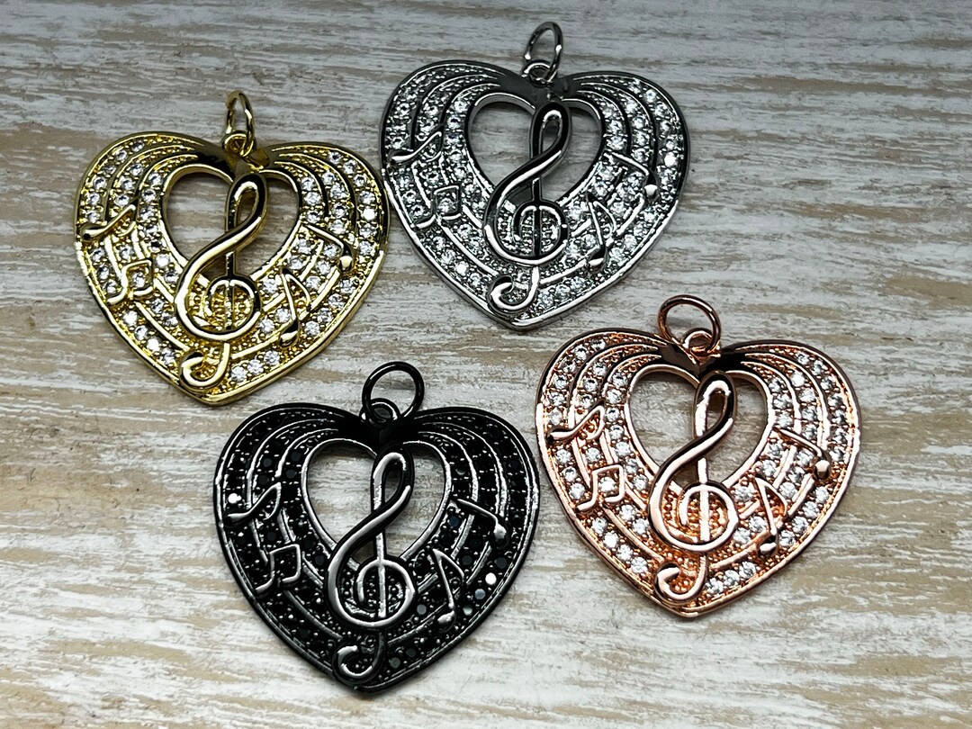 1 CZ Pave Music Note Heart Charm, Heart Charm, Music Note Charm ...
