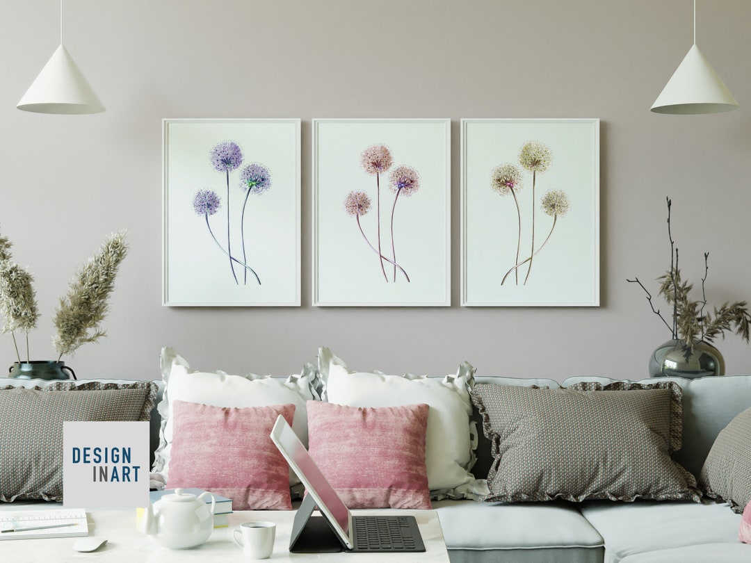 Dandelion Flowers Art | Set of 3 Dandelion Flowers Decor | Botanical ...