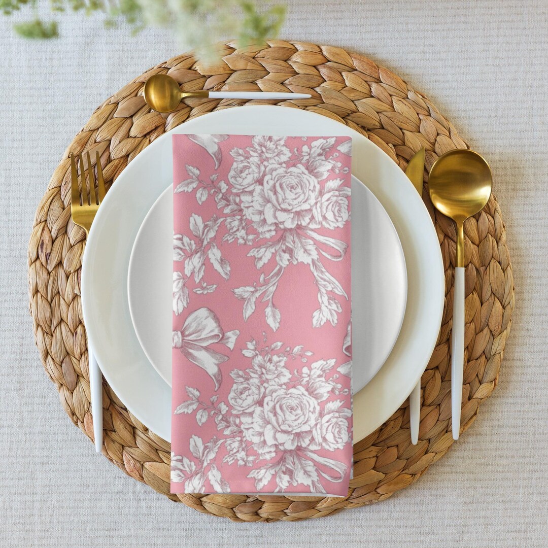 Pink Coquette Toile Cloth Napkins French Country Chic With Bows and ...