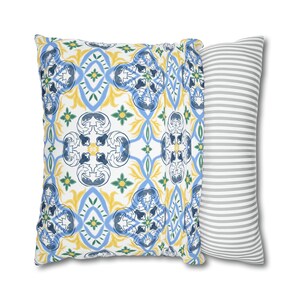 Majolica Throw Pillowcase, Italian Tile Blue and Yellow Gingham Pillow ...