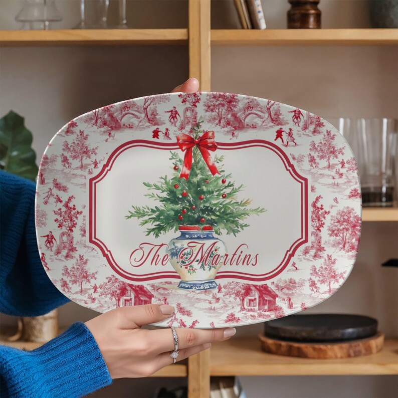Personalized Red Toile Christmas Platter, Holiday Serving Tray, Custom ...