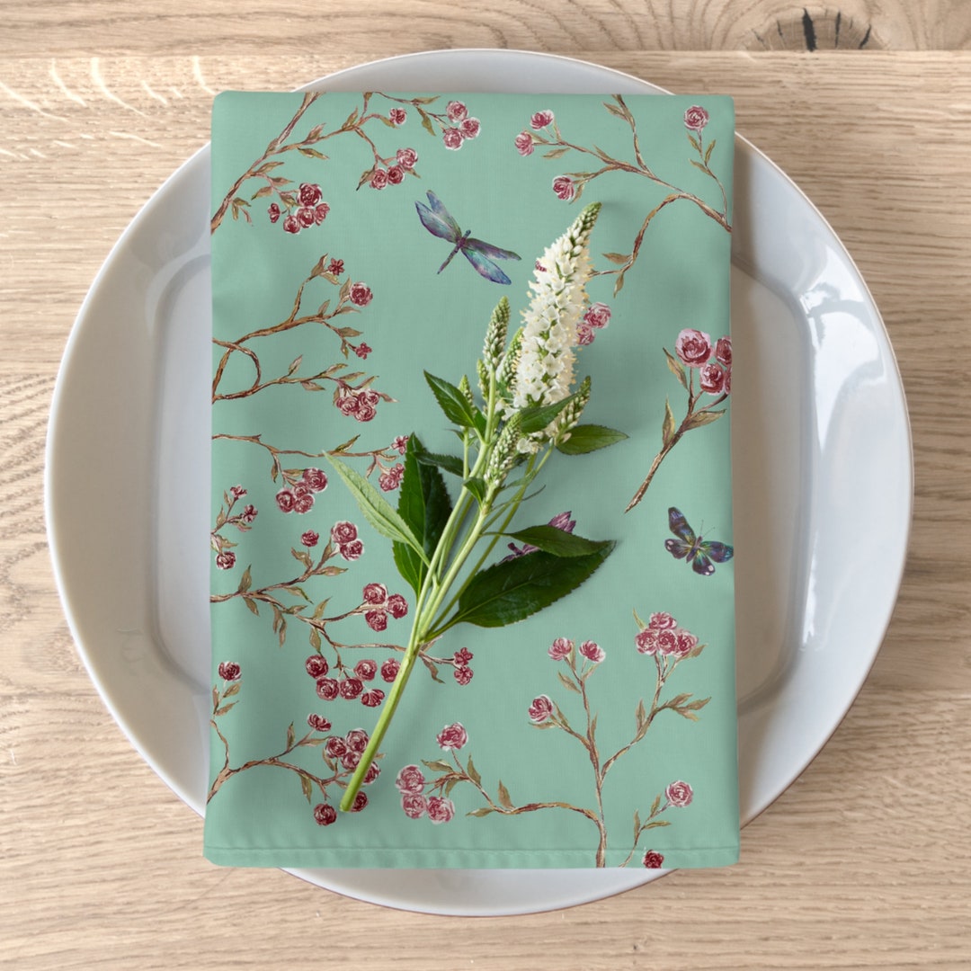Green Butterfly & Dragonfly Cloth Napkins, Floral Dinner Napkins Set of ...
