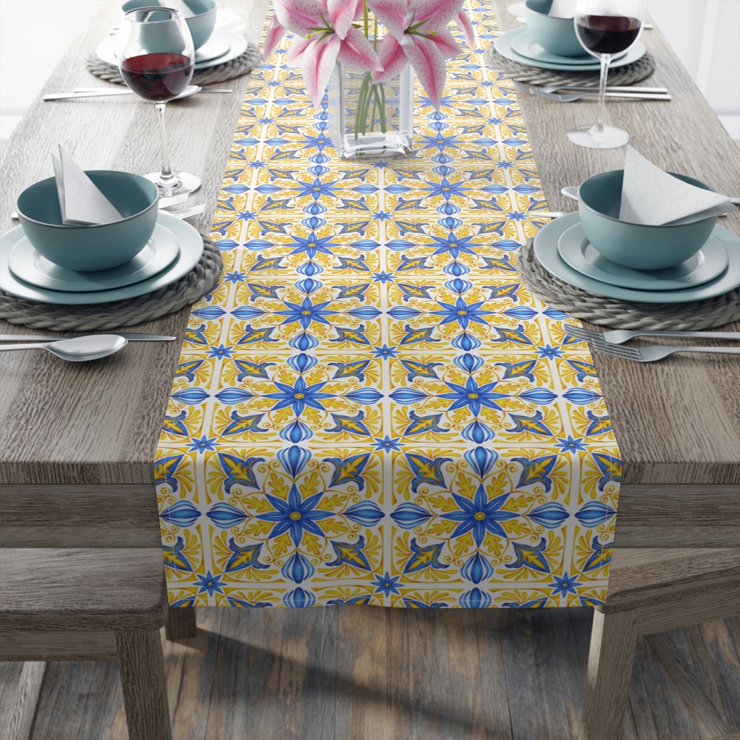 Yellow Blue Tile Table Runner, Provençal Table Runner, Blue Ceramic ...