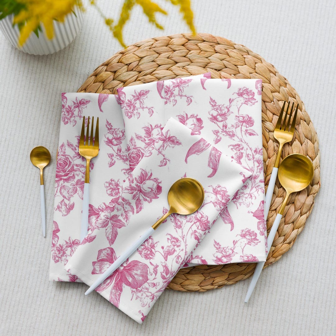Pink Toile Cloth Napkins French Country Chic Coquette Bows and Floral ...