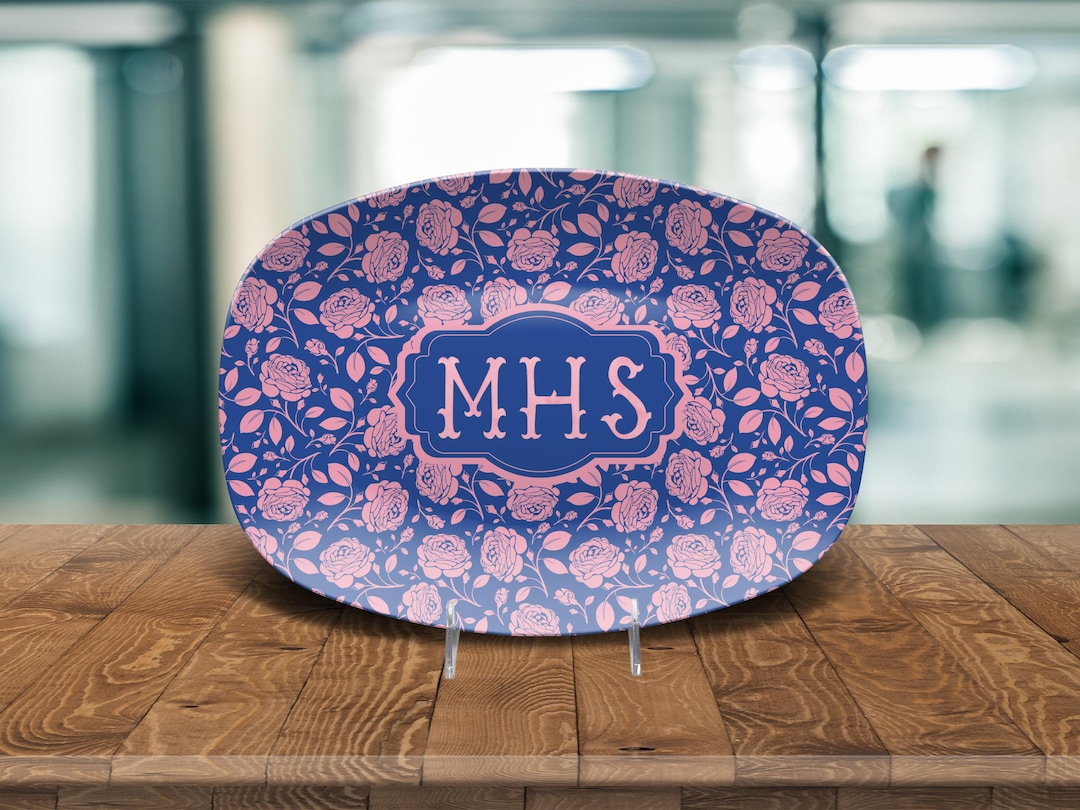 Personalized Navy Pink Toile Platter, Custom Monogram Chinoiserie Plate ...