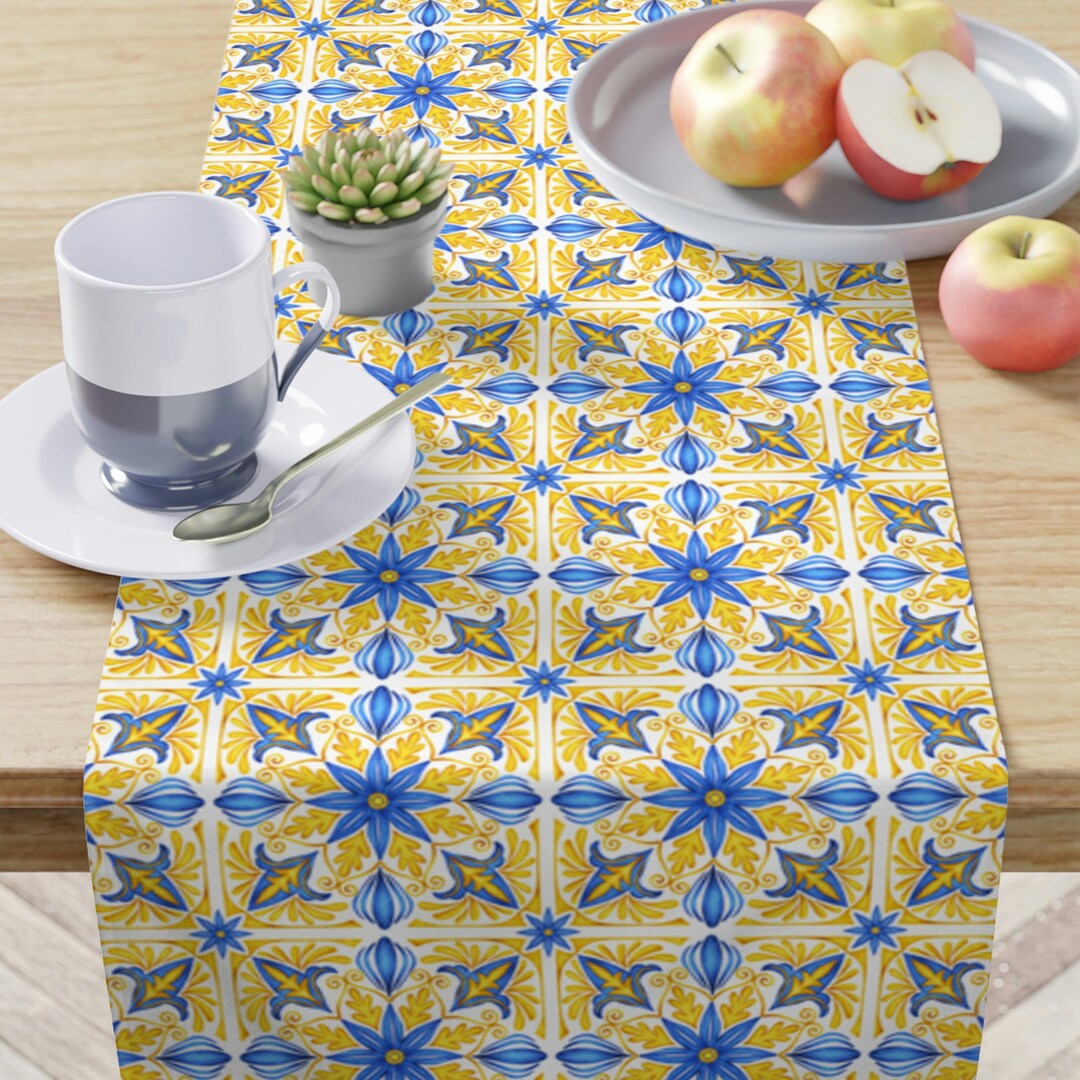 Yellow & Blue Tile Table Runner French Provençal Table - Etsy