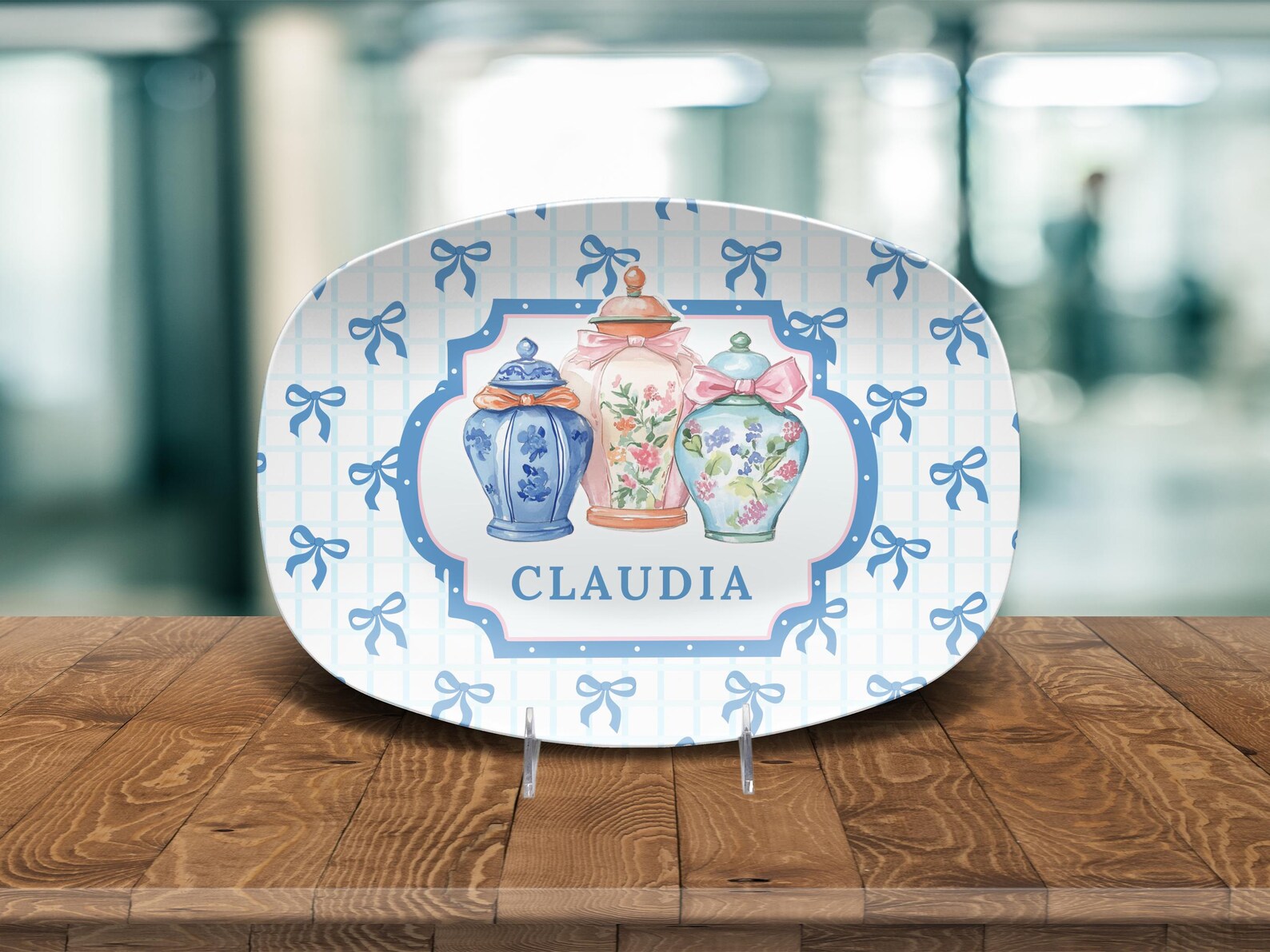 Personalized Chinoiserie Ginger Jar Platter, Custom Name Coquette Blue ...