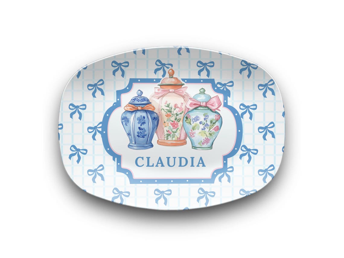 Personalized Chinoiserie Ginger Jar Platter, Custom Name Coquette Blue ...