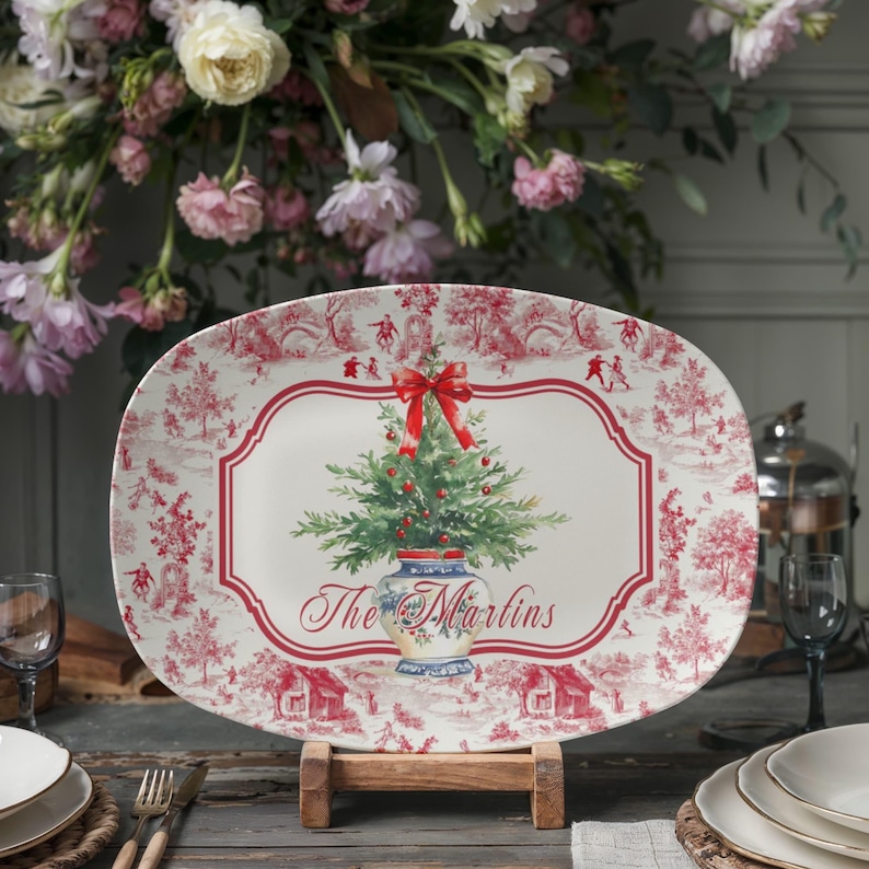 Personalized Red Toile Christmas Platter, Holiday Serving Tray, Custom ...