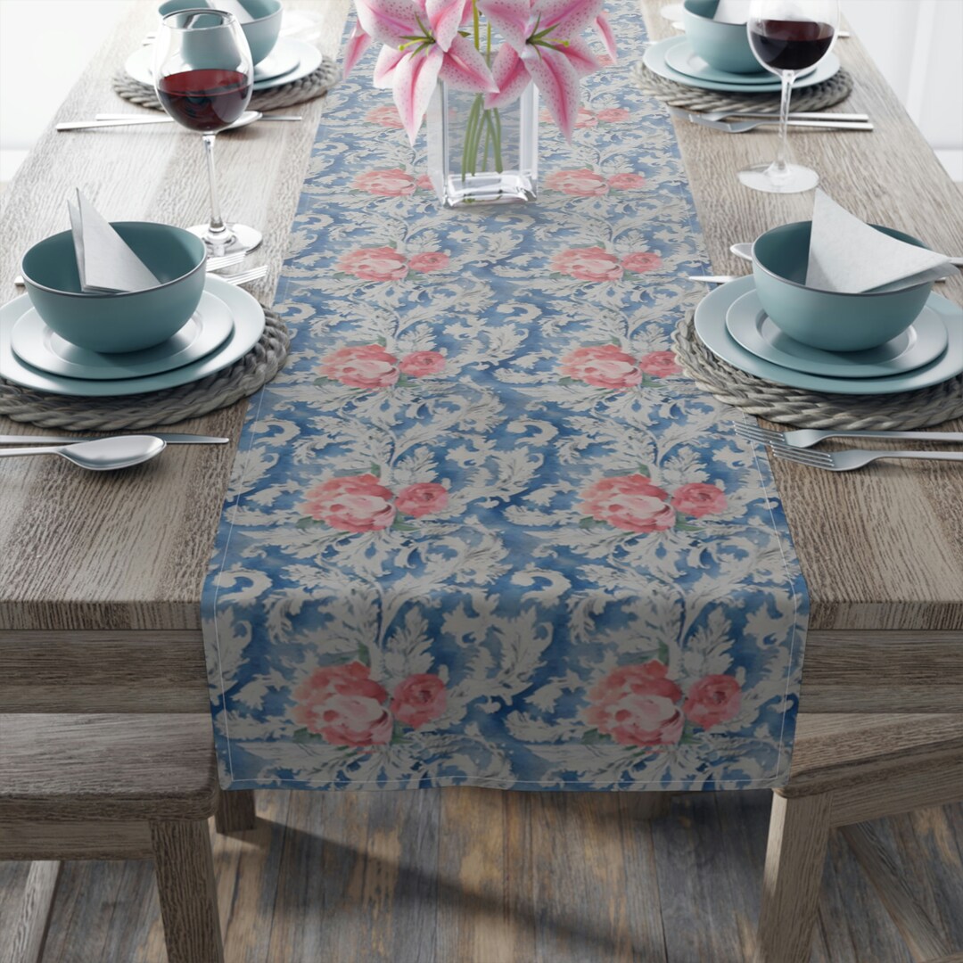 Blue Toile & Rose Table Runner, Toile Table Runner, Spring Table Runner ...