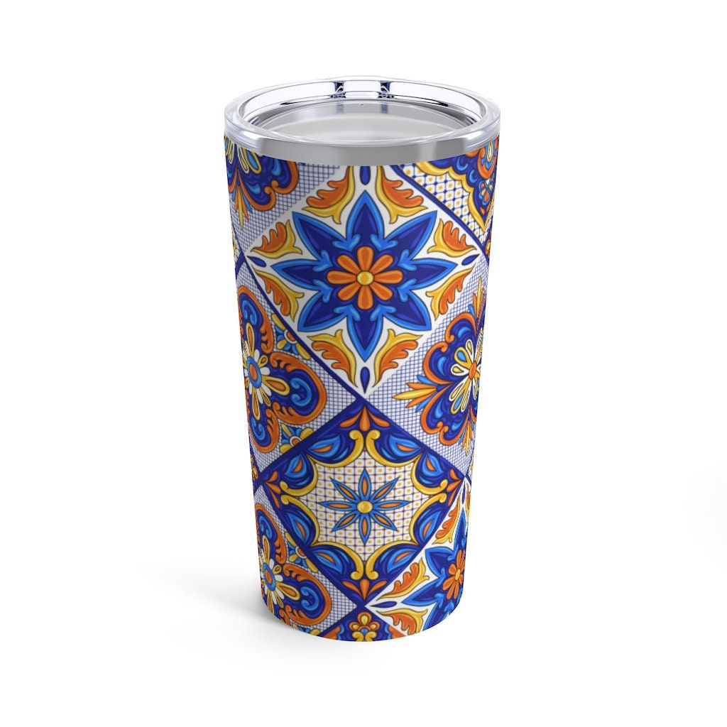 Portuguese Azulejo Tile Print Stainless Steel Tumbler 20 Oz Blue Orange ...