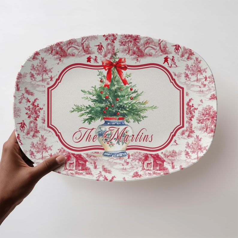 Personalized Red Toile Christmas Platter, Holiday Serving Tray, Custom ...