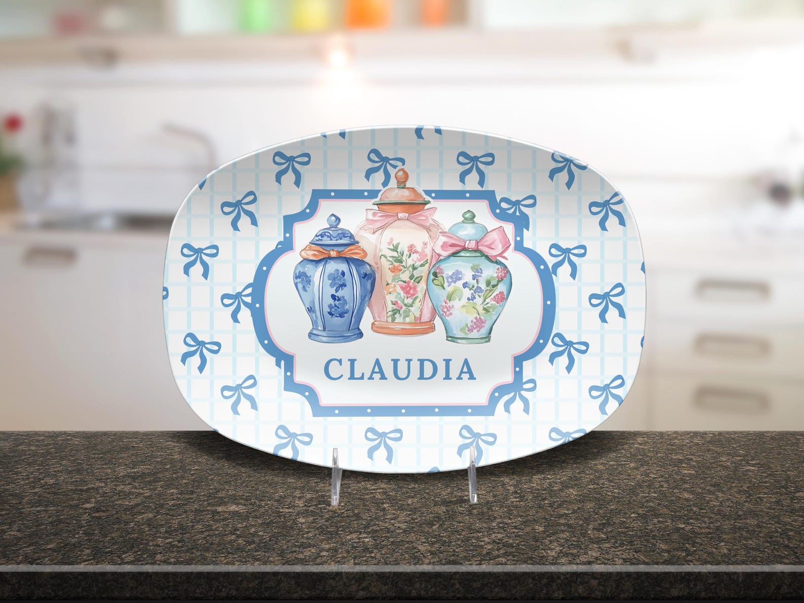 Personalized Chinoiserie Ginger Jar Platter, Custom Name Coquette Blue ...