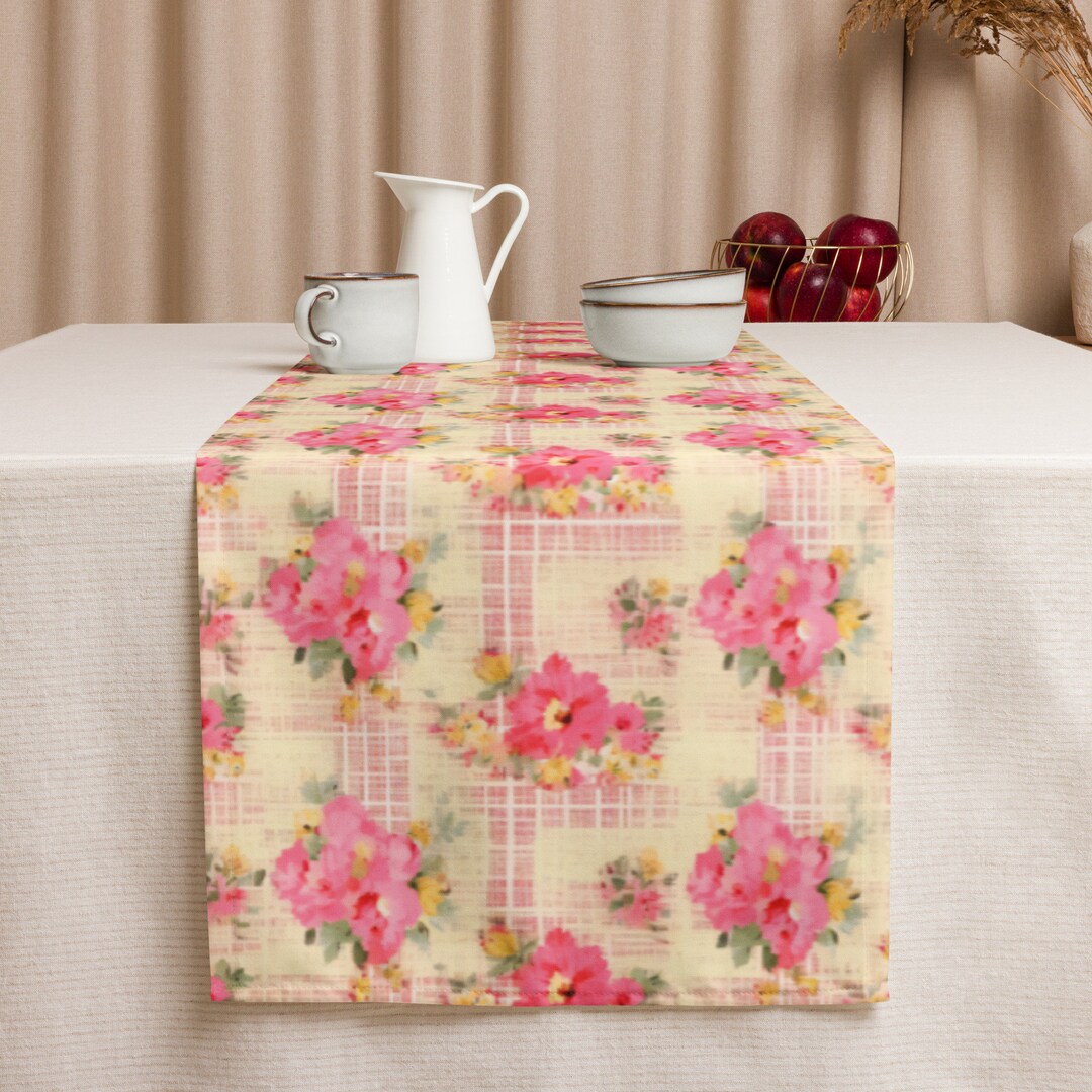 Pink Country Floral Gingham Table Runner Farmhouse Decor, Shabby Chic ...