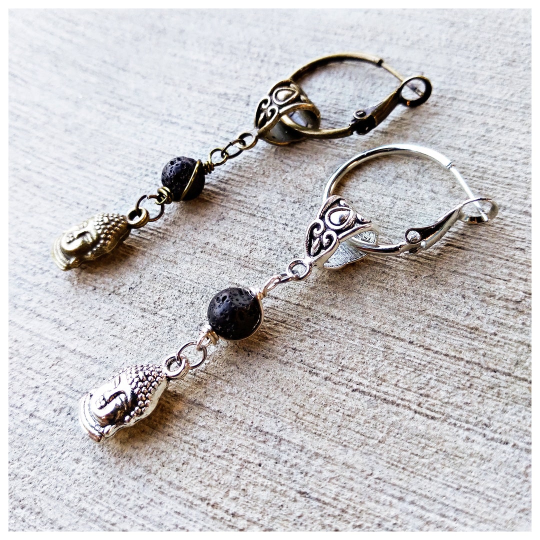 Bronze and Silver Buddha Men's Earring With Lava Rock - Single ...