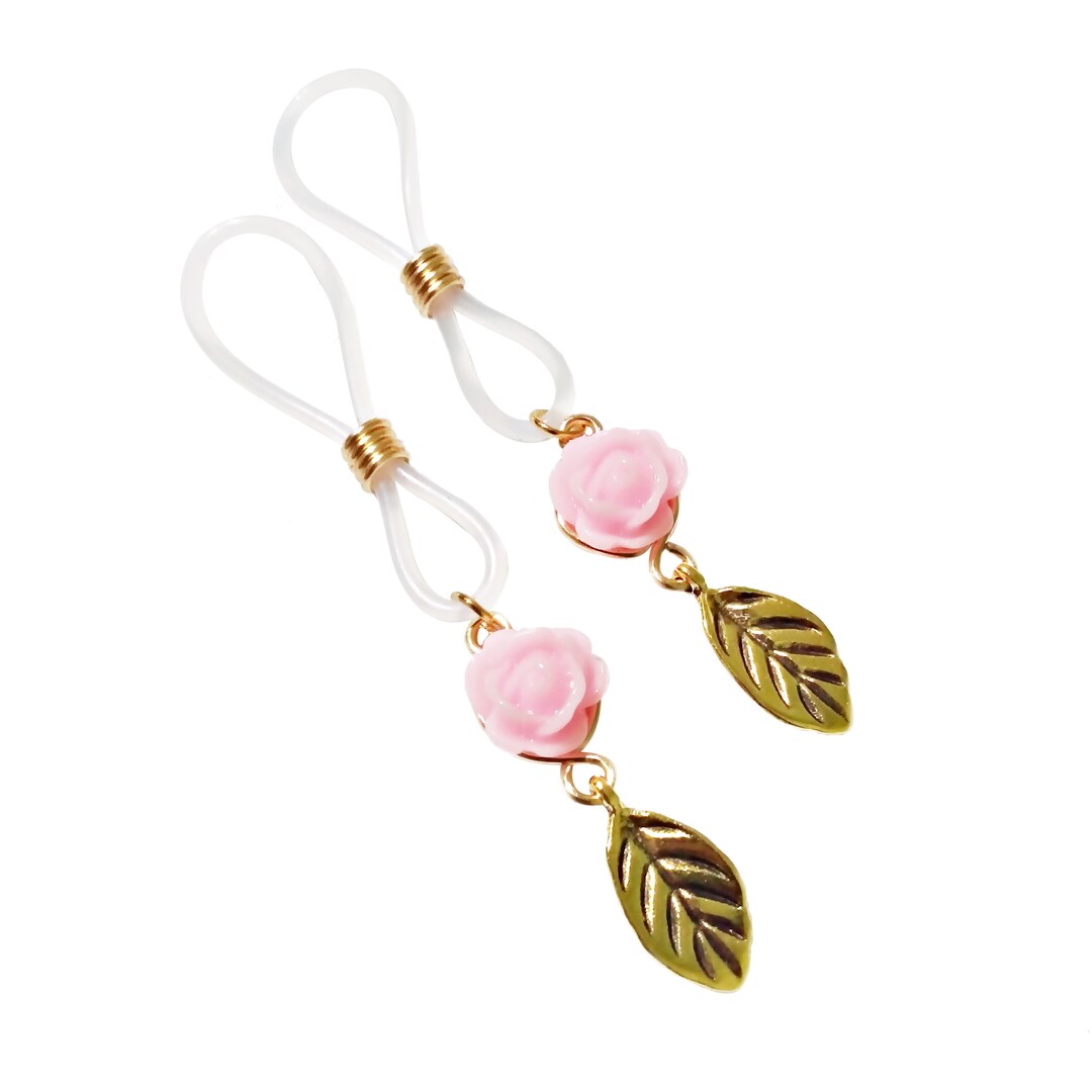 Non Piercing Nipple Noose With Rose Flower and Gold Leaf - Fake Nipple ...
