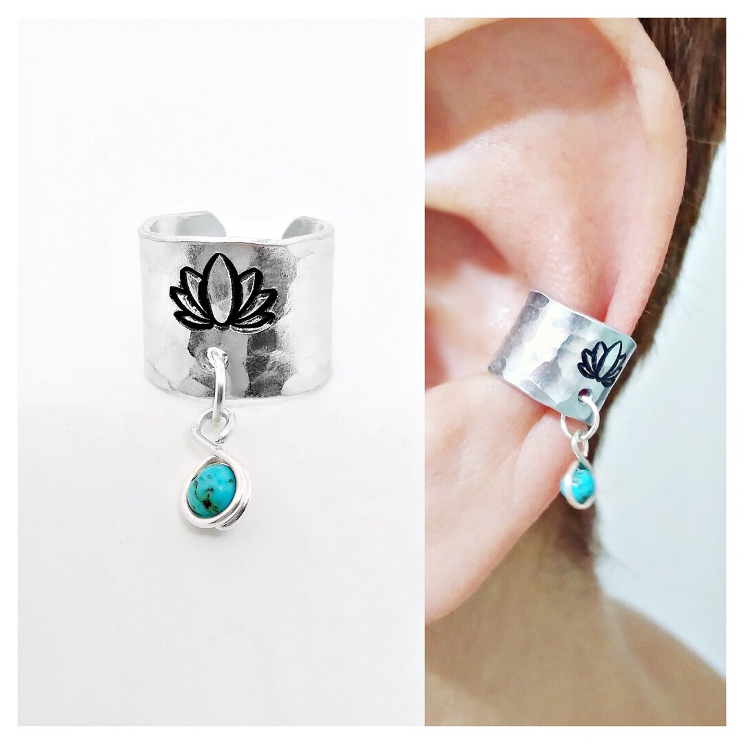Lotus Flower Ear Cuff Silver Turquoise Stamped Hammered Ear Cuff Non ...