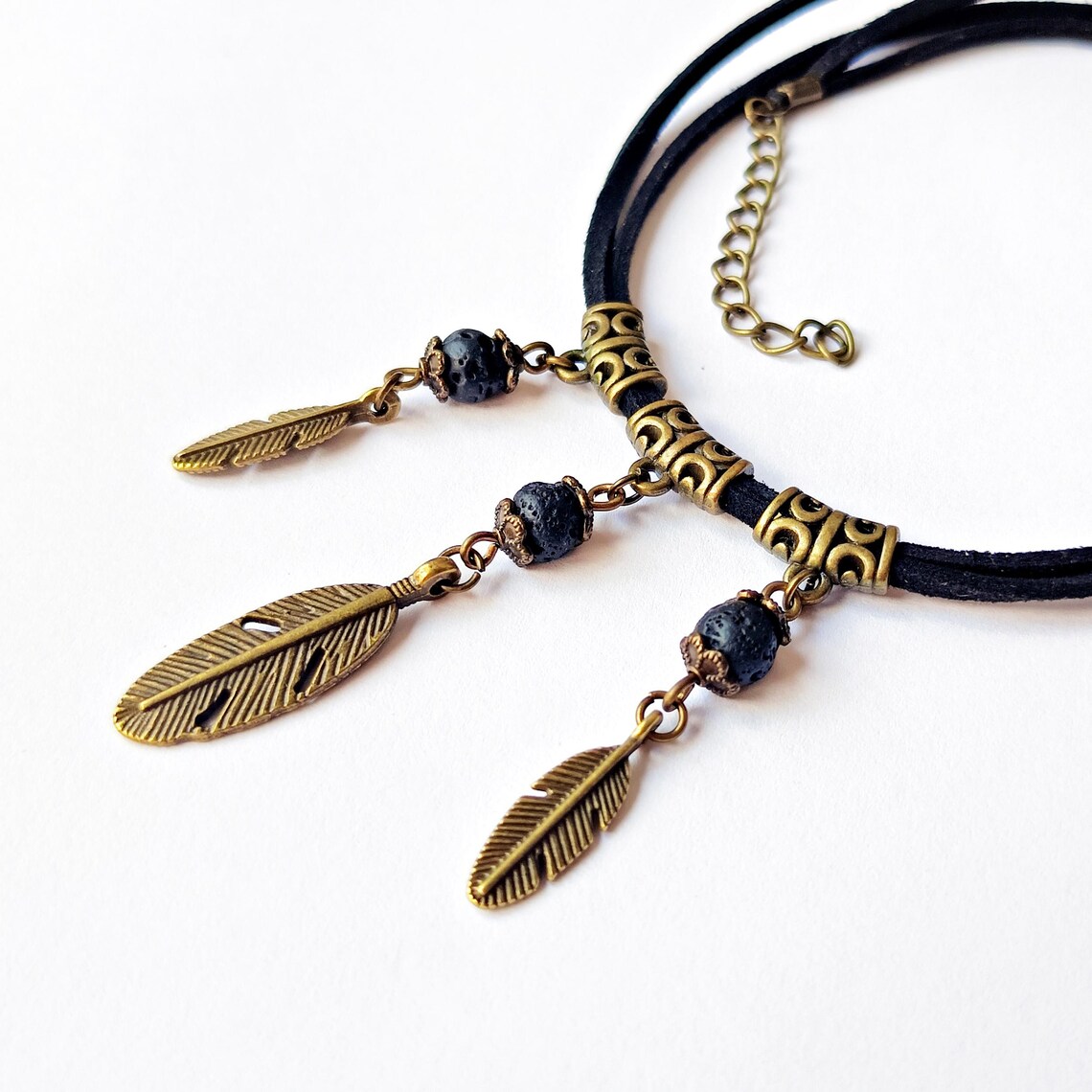 Bronze Feather Necklace: Lava Rock & Suede, Native American Style - Etsy