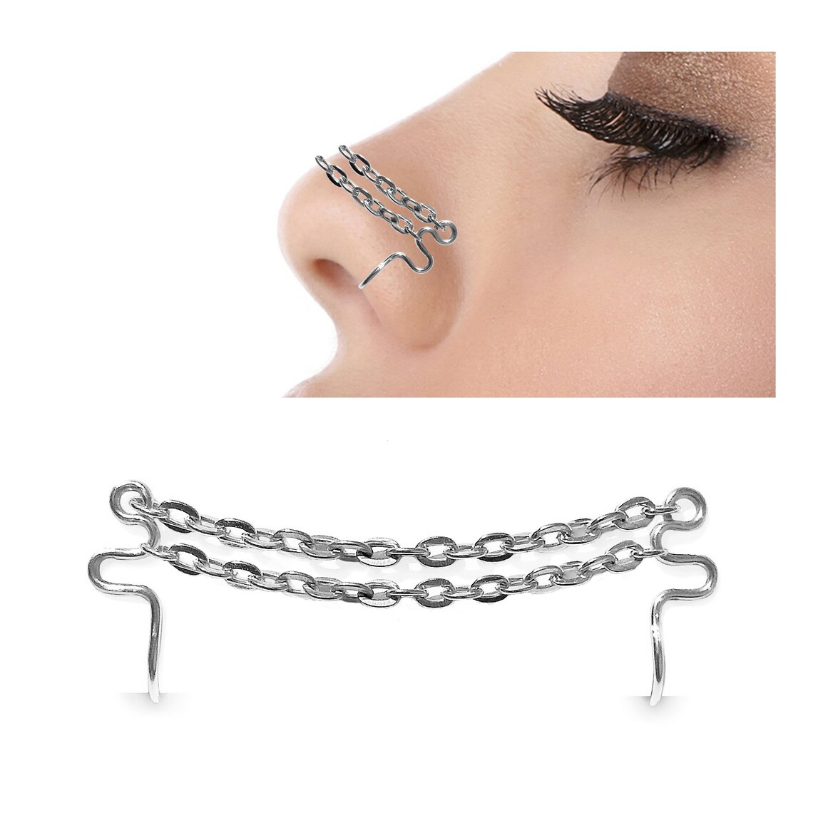 Silver Nose Chain For Double Fake Nose Piercing With Two Etsy