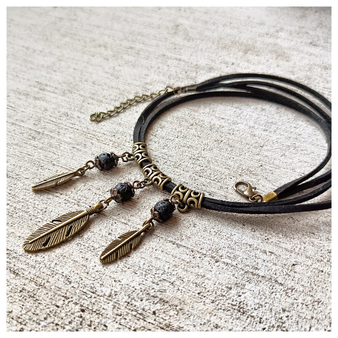 Bronze Feather Necklace: Lava Rock & Suede, Native American Style - Etsy