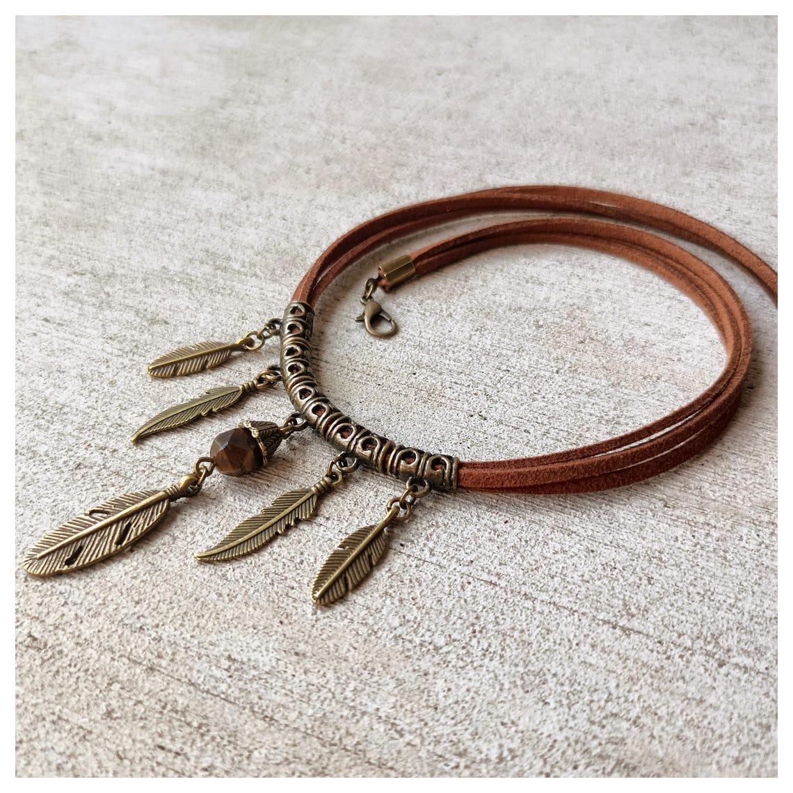 Bronze Feather Necklace: Tiger Eye, Brown Suede, Native American Style ...