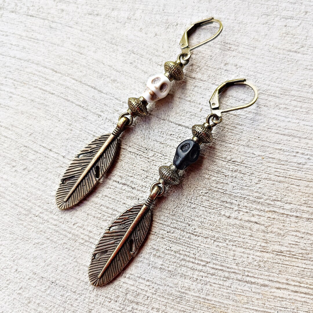 Native American Indian Skull and Feather Earring for Men, Single Pirate ...