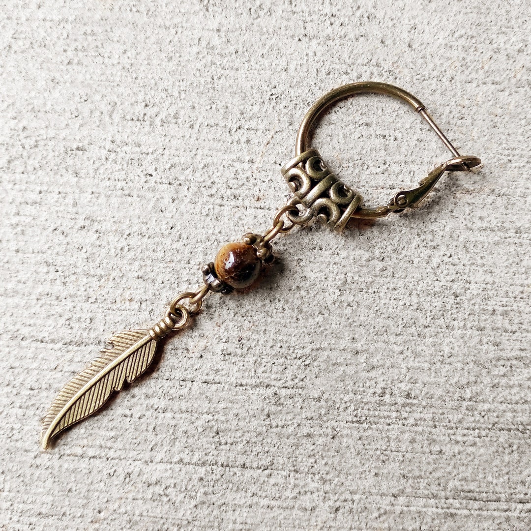 Tiger Eye Men's Earring With Bronze Feather - Native American Jewelry ...