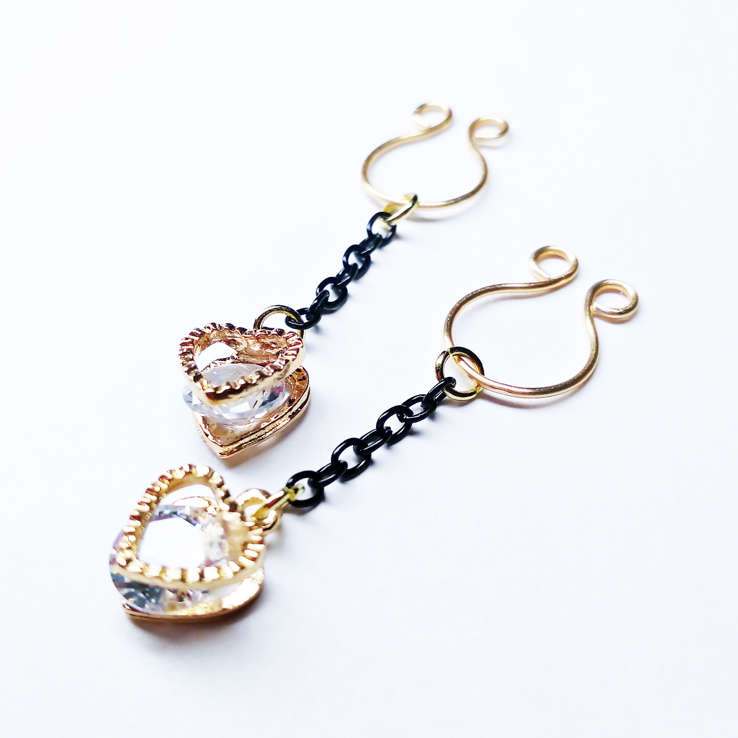 Gold Non Piercing Nipple Jewelry With a Heart Rhinestone and Black ...