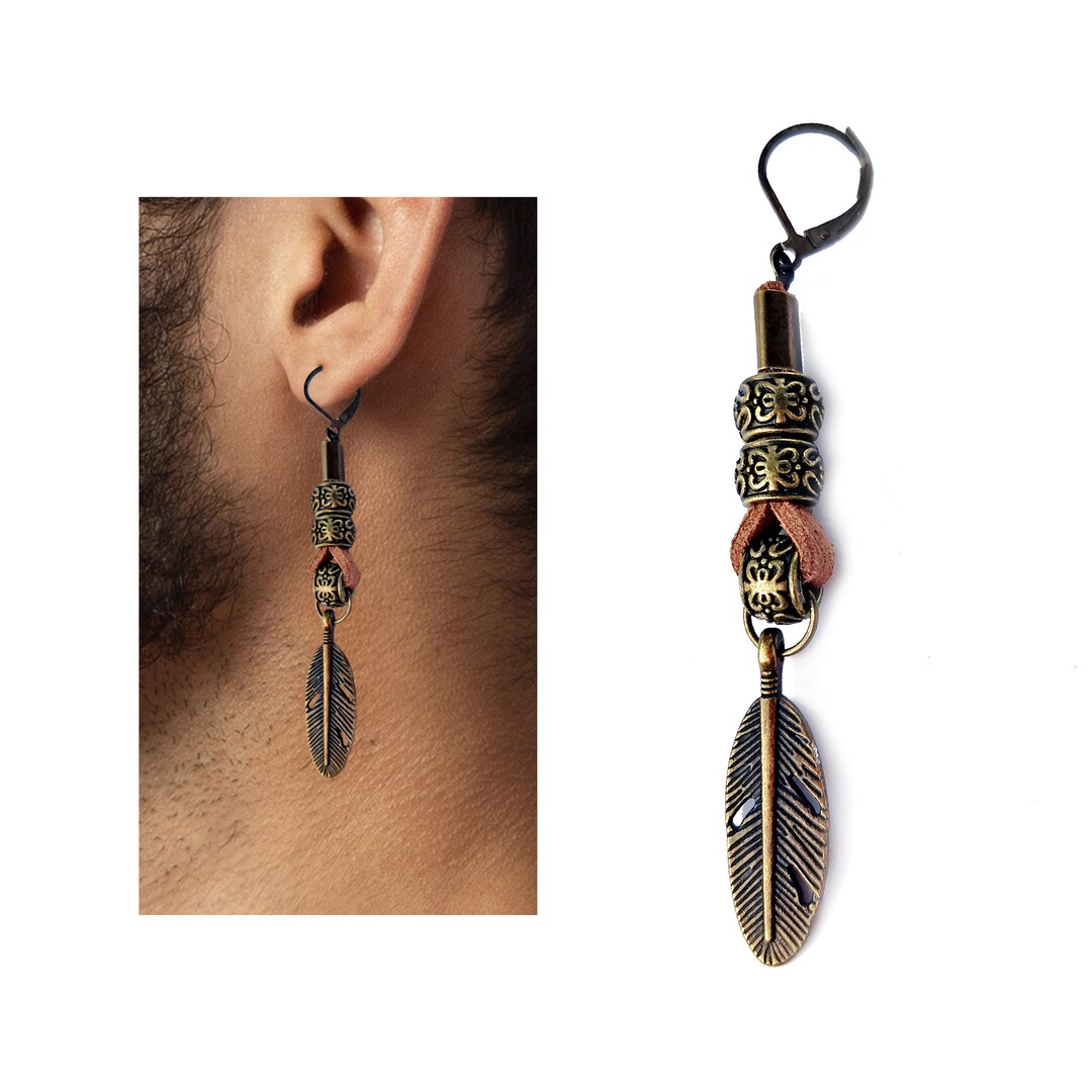 Bronze and Leather Native American Feather Men Earring - Single Hippie ...