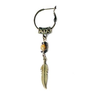 Tiger Eye Men's Earring With Bronze Feather - Native American Jewelry ...