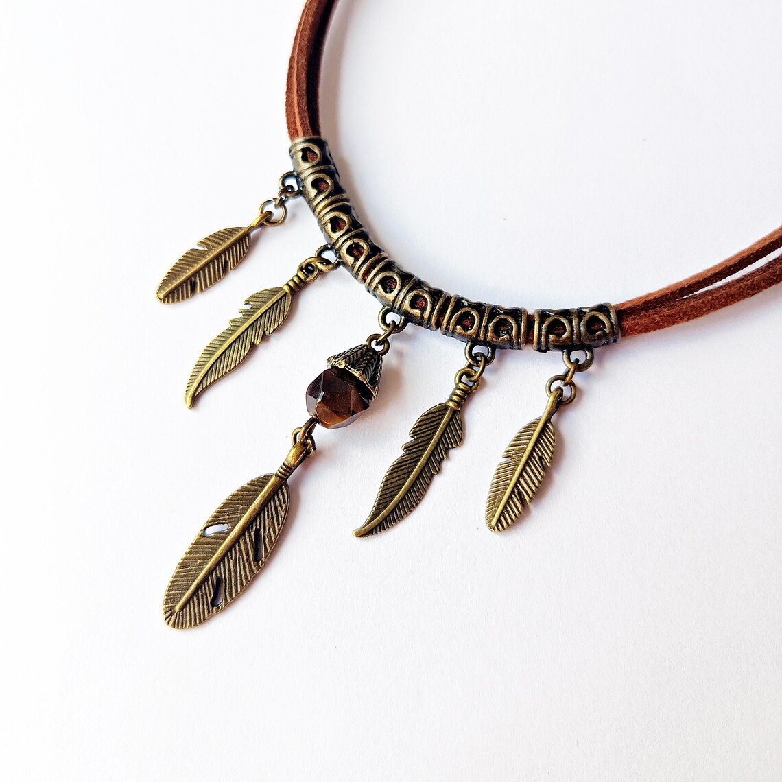 Bronze Feather Necklace: Tiger Eye, Brown Suede, Native American Style ...