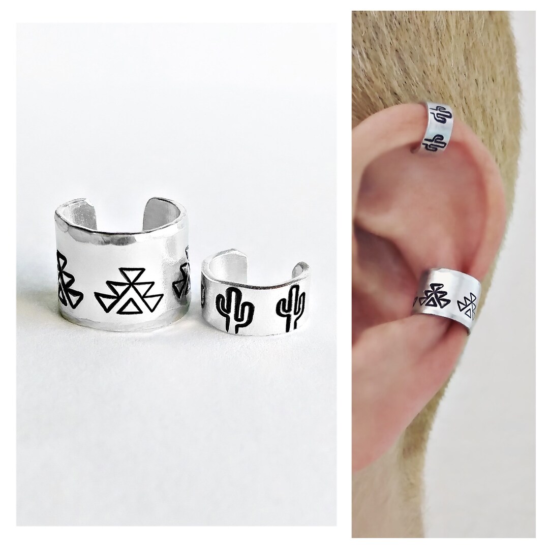 Aztec Ear Cuff Stamped Cactus Ear Cuff Set of Two Silver Ear - Etsy