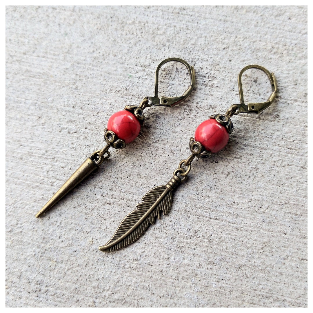 Bronze Red Men's Dangle Earring Set of Two Feather Spike - Single ...