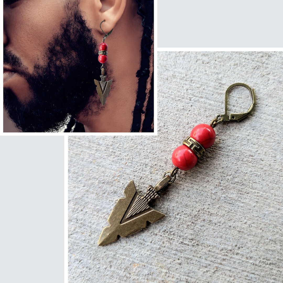 Bronze Arrow Men's Earring With Red Beads - Native American Indian ...