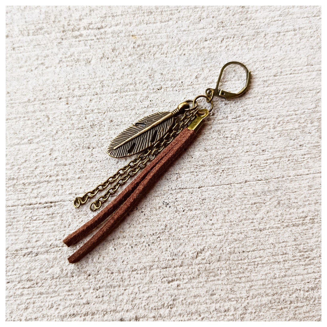 Bronze Feather and Chain Men Earring With Brown Suede Leather - Bronze ...