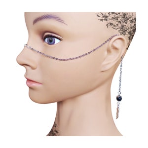 Silver Face Chain With Feathers and Black Lava Beads Gothic Face Chain ...