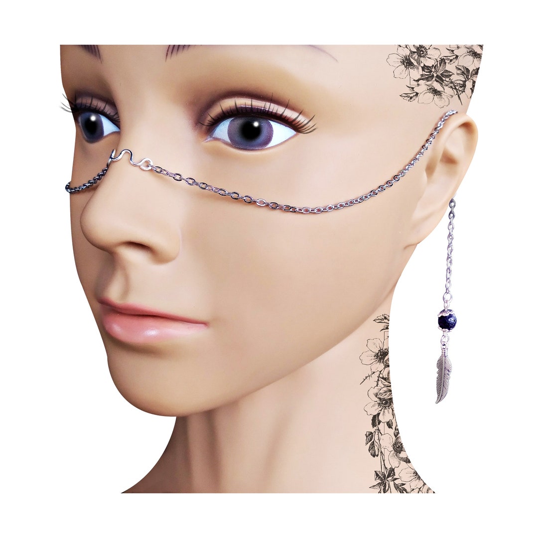 Silver Face Chain With Feathers and Black Lava Beads Gothic Face Chain ...