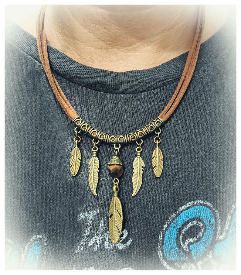 Bronze Feather Necklace: Tiger Eye, Brown Suede, Native American Style ...