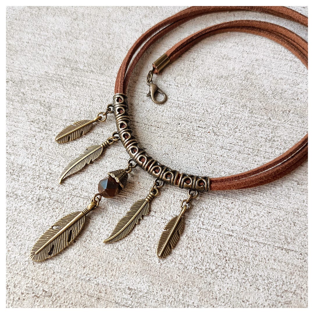 Bronze Feather Necklace: Tiger Eye, Brown Suede, Native American Style ...