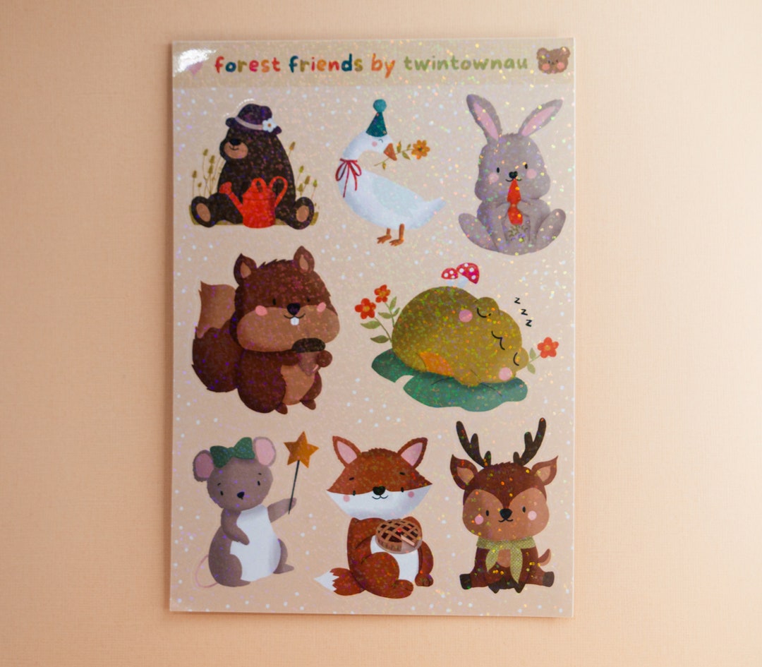 Forest Friends Cute Animal Sticker Sheet With Holographic Glitter ~ (A5 ...