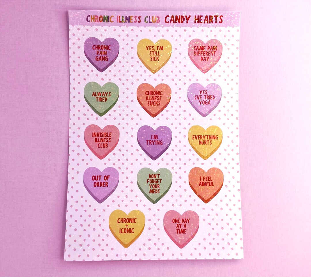 Chronic Illness Club Candy Hearts Holographic Glitter Sticker Sheet ...