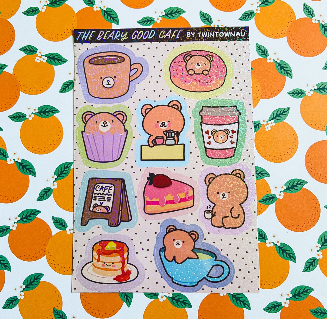 The Beary Good Cafe Sticker Sheet With Holographic Glitter ~ Cute Bear ...